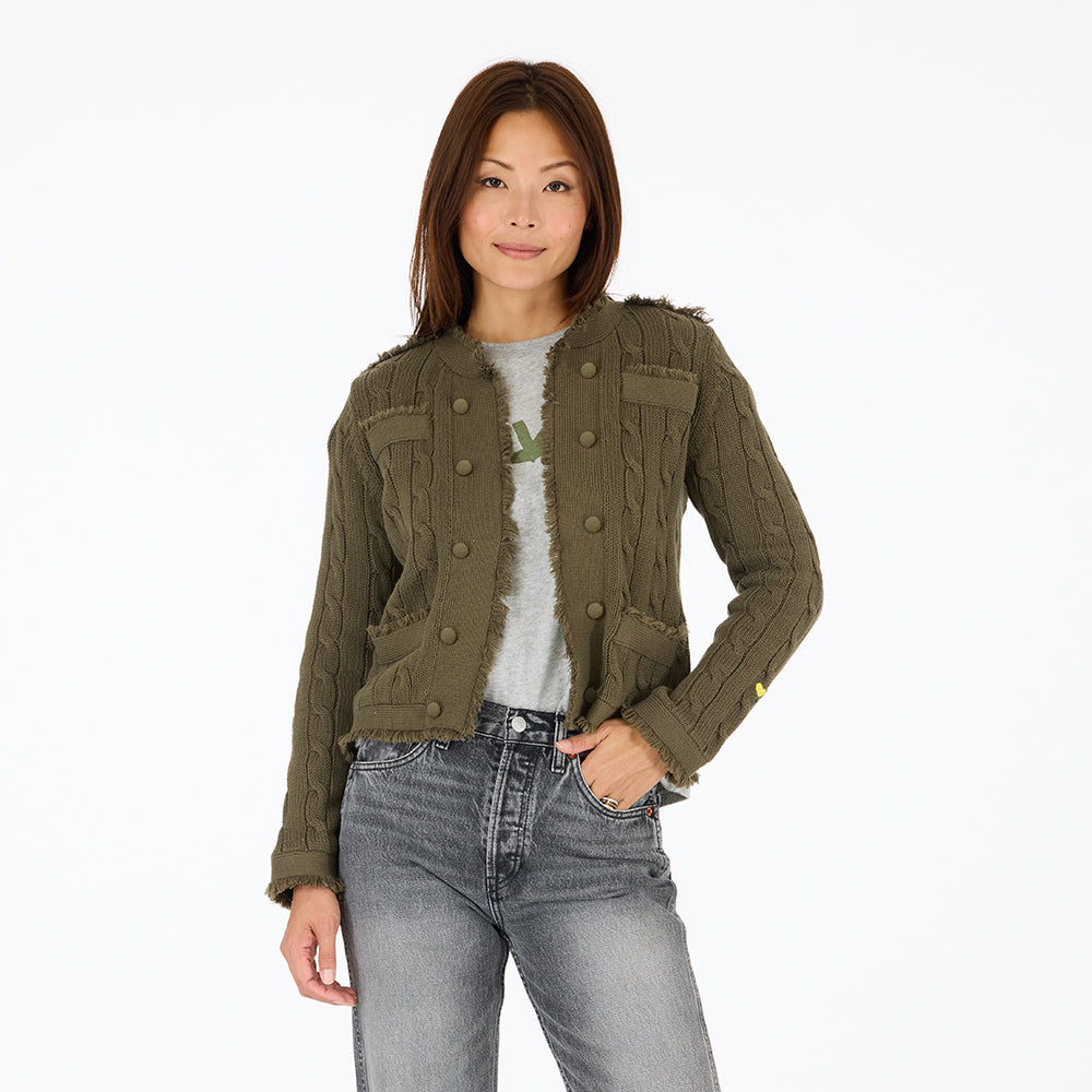 Beau-Lero Fringe Cable Army Green Cardigan – KERRI ROSENTHAL