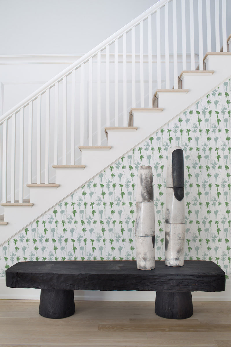 White ground with green grey pom-poms cactus wallpaper – KERRI ROSENTHAL